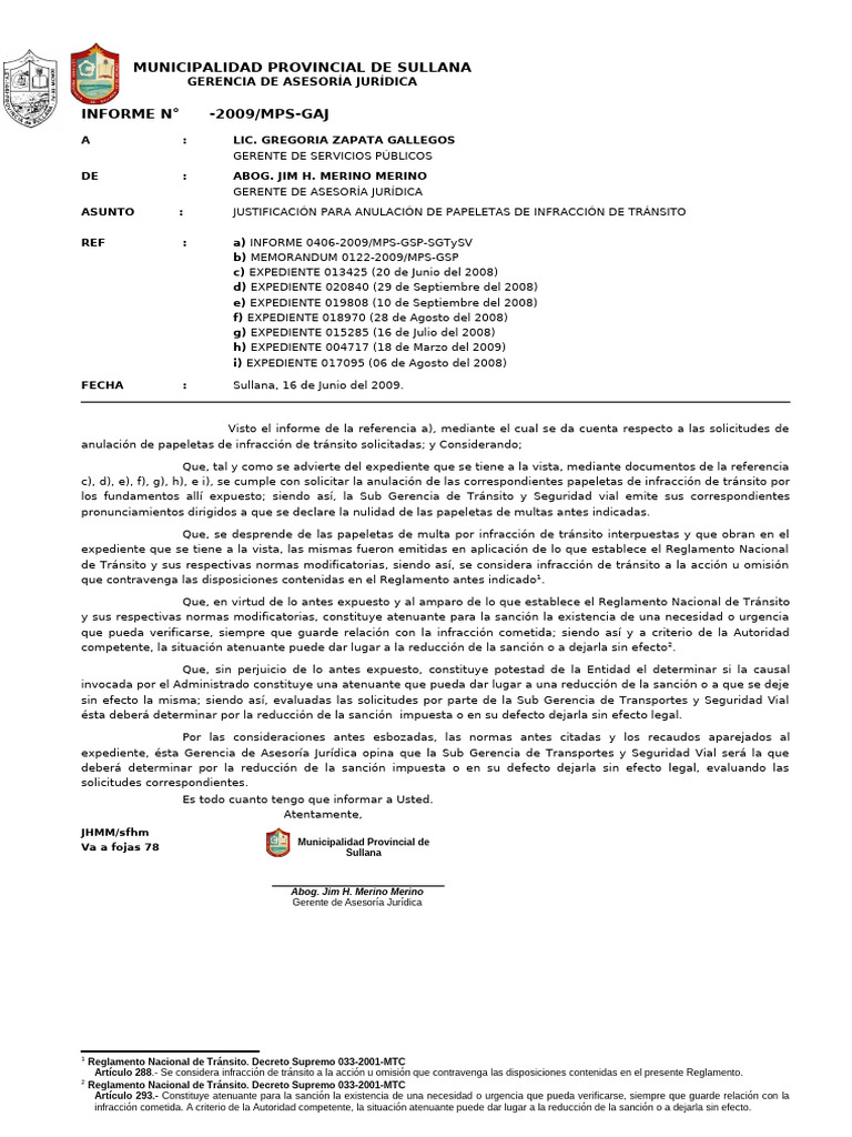INFORME LEGAL Nro. 301-2009-MPS-GAJ-SFHM - JUSTIFICACION DE ANULACION DE PAPELETAS | PDF ...
