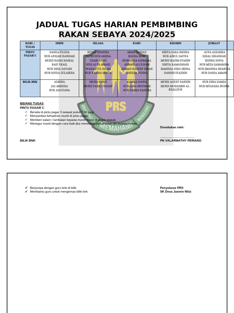 Jadual Tugas Prs | PDF