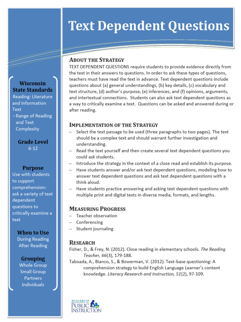 RI.RRTC_Text_Dependent_Questions | PDF | Reading Comprehension | Cognition