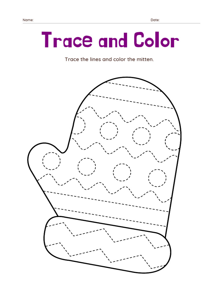 Tracing Mittens Worksheet in Black and White Illustrative Style | PDF