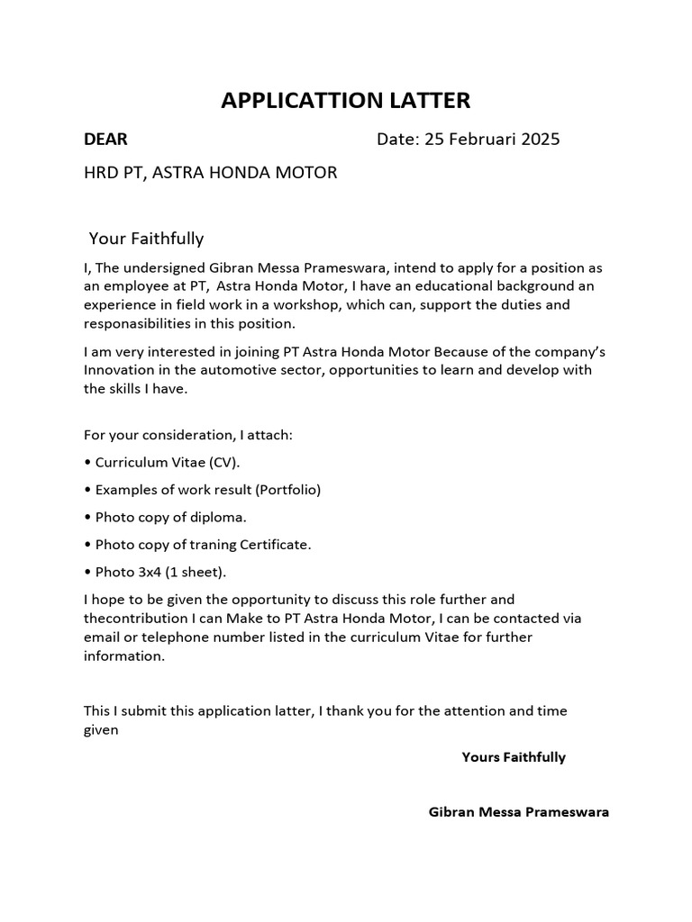 Application for HR Position at Astra Honda | PDF