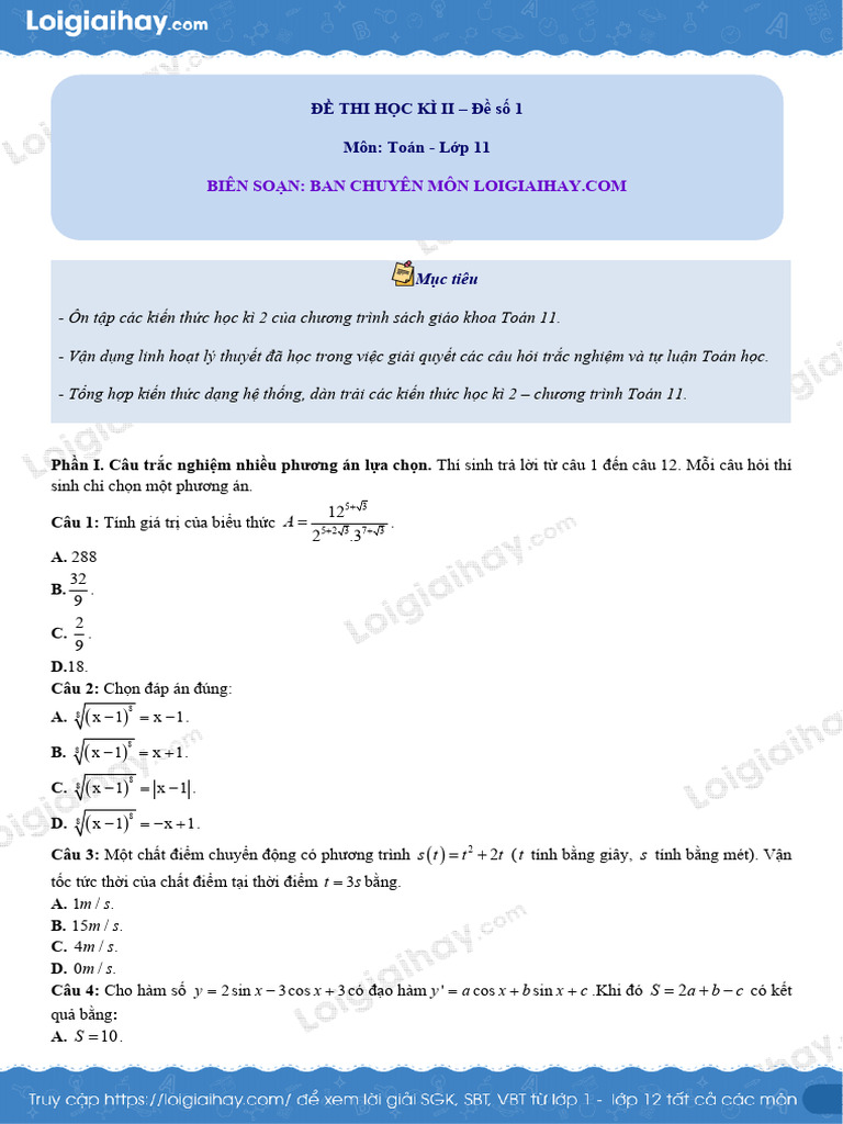 De Thi Hoc Ki 2 Toan 11 Ket Noi Tri Thuc de So 1 1712193381 | PDF
