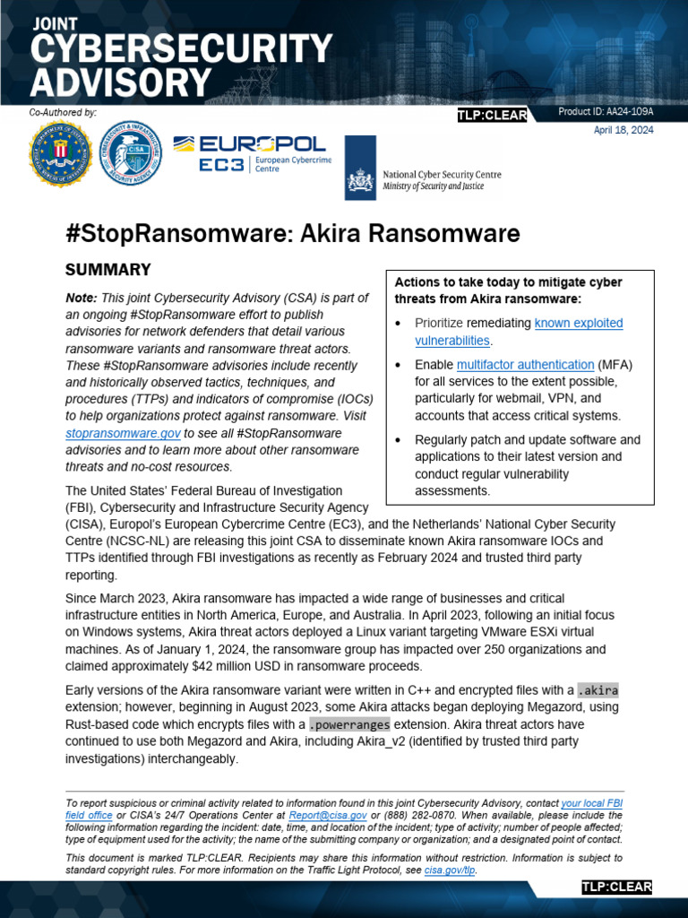 Joint Cybersecurity Agencies, StopRansomware Akira Ransomware | PDF ...