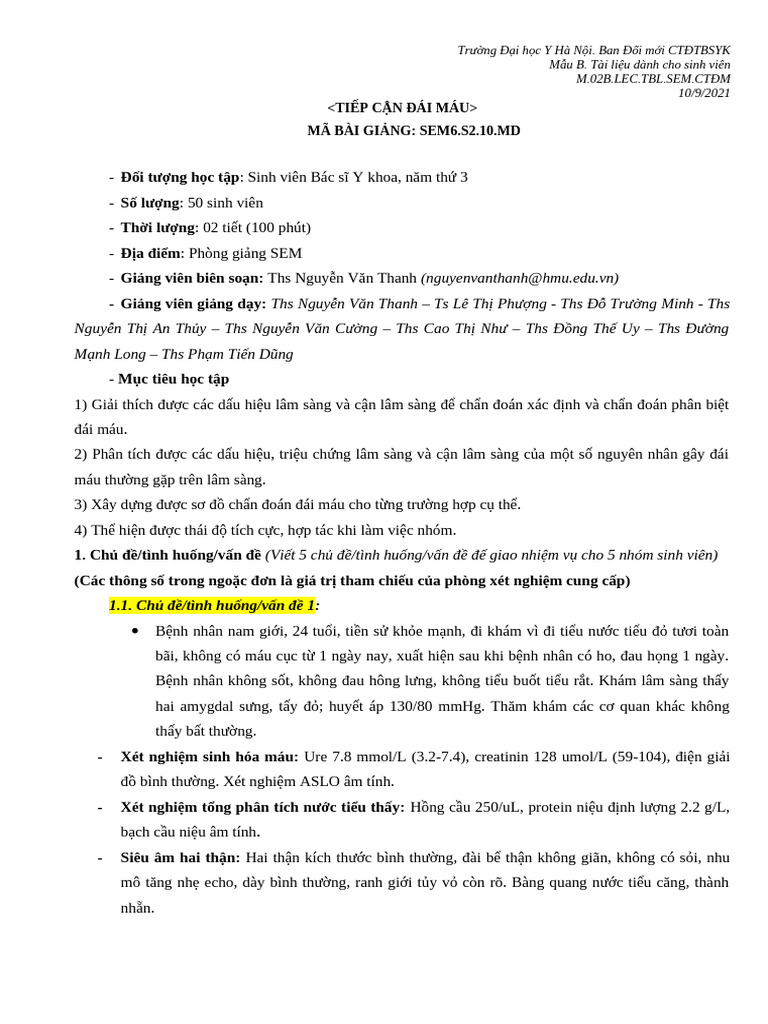 M.02B.SEM6.S2.10.MD. Tiếp cận đái máu - 2023 | PDF