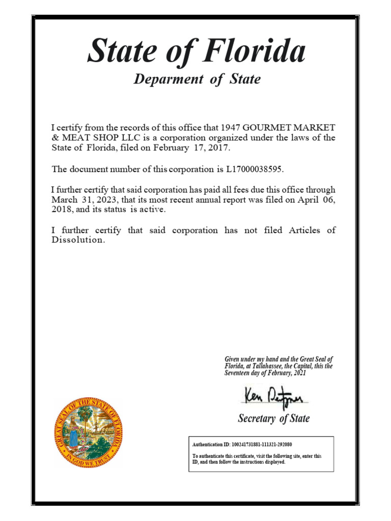 1947 Gourmet Market & Meat Shop LLC - License | PDF