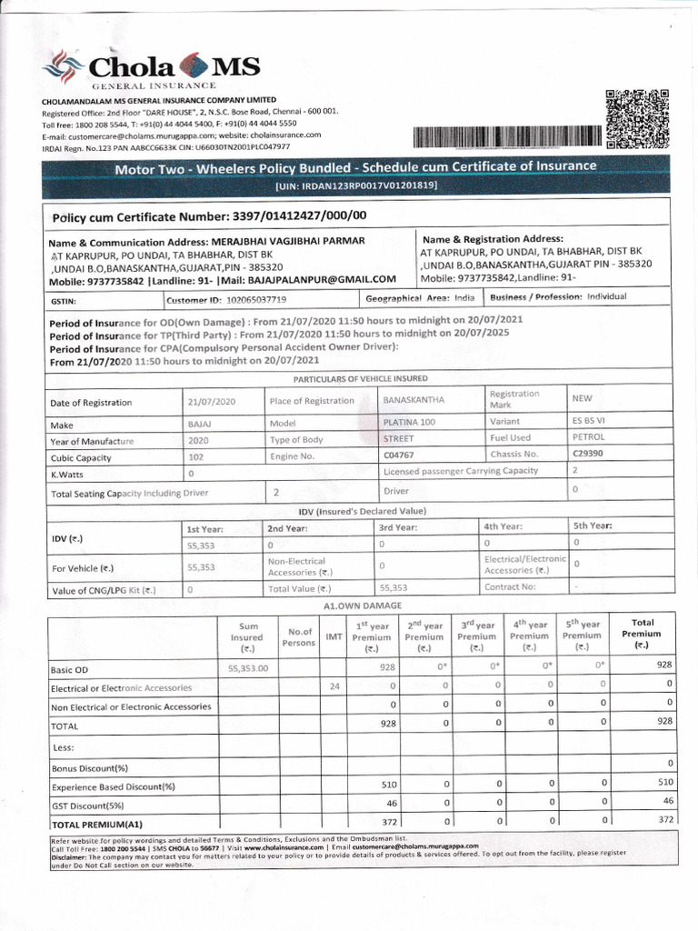 Cholamandalam General Insurance Policy Details | PDF