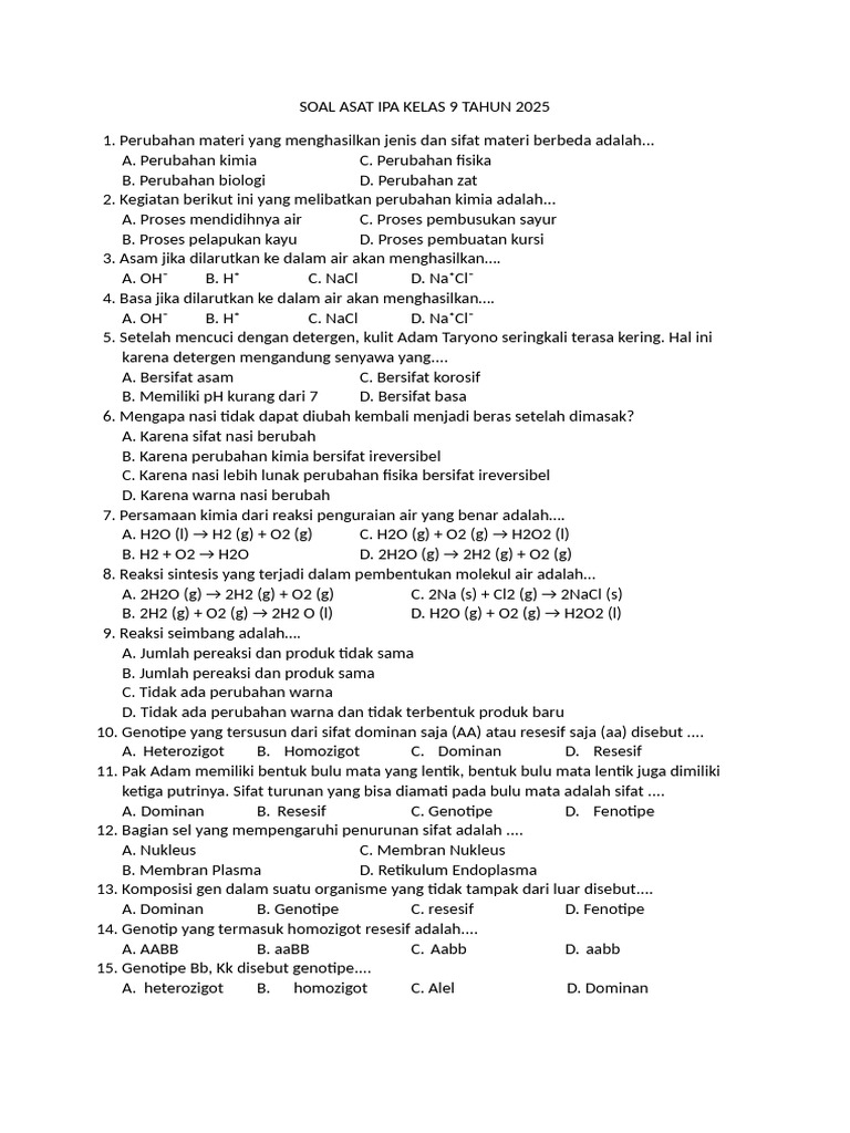 Soal Asat Ipa Kelas 9 Tahun 2025 | PDF