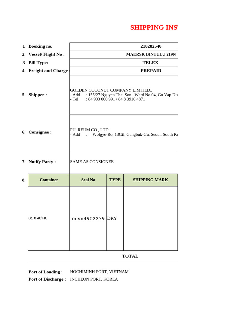 Shipping Instructions for Vietnam to Korea | PDF