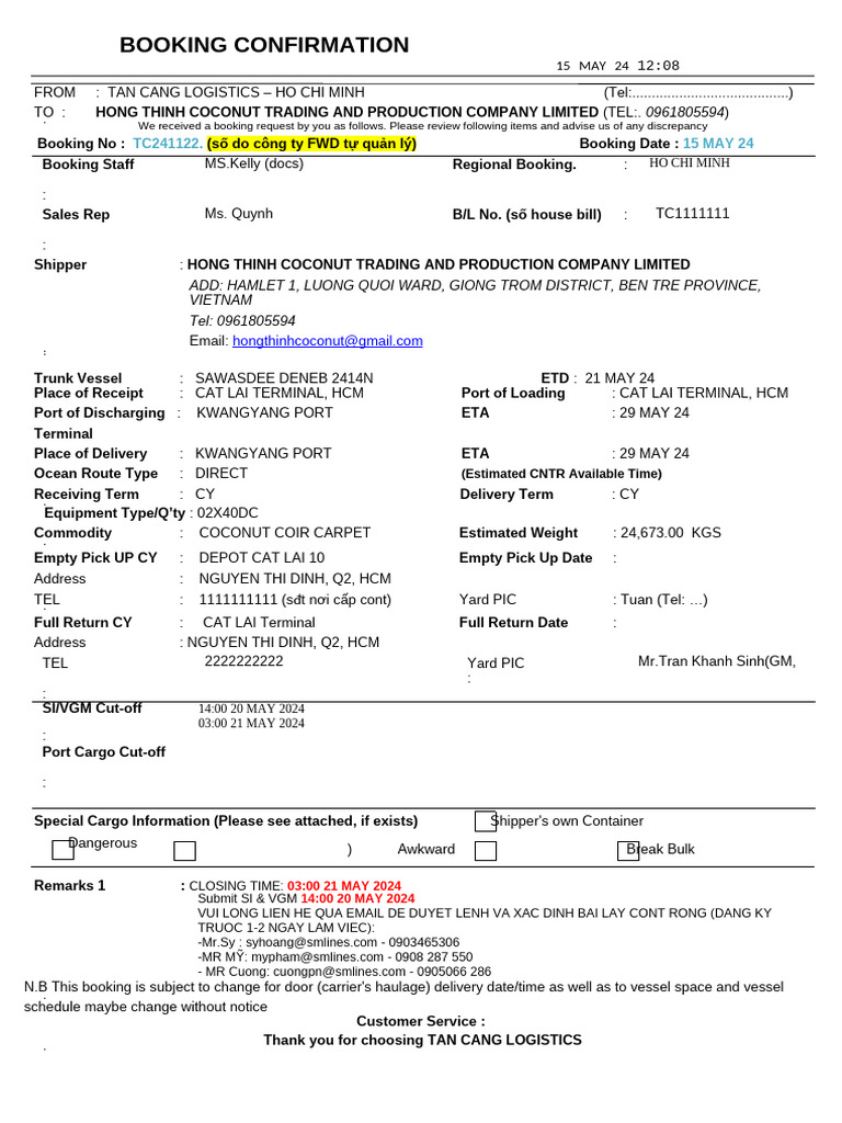 File Thuc Hanh Booking Confirmation | PDF | Transport | Vietnam