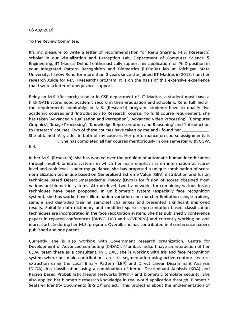 Renu Letter of Recommendation | PDF | Biometrics | Computing