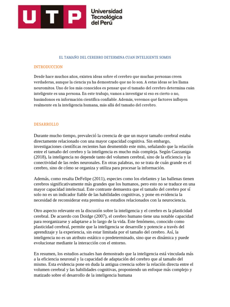 Neuromito Tamano Cerebro | PDF | Cerebro | Inteligencia