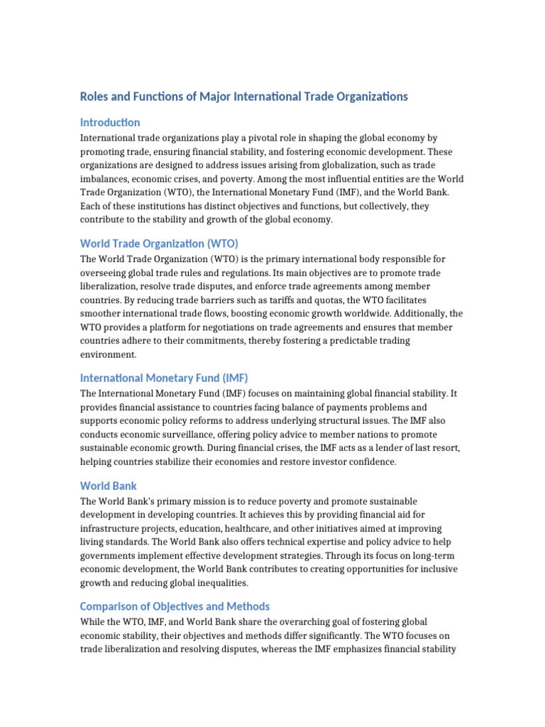 Roles and Functions of International Trade Organizations | PDF | World ...