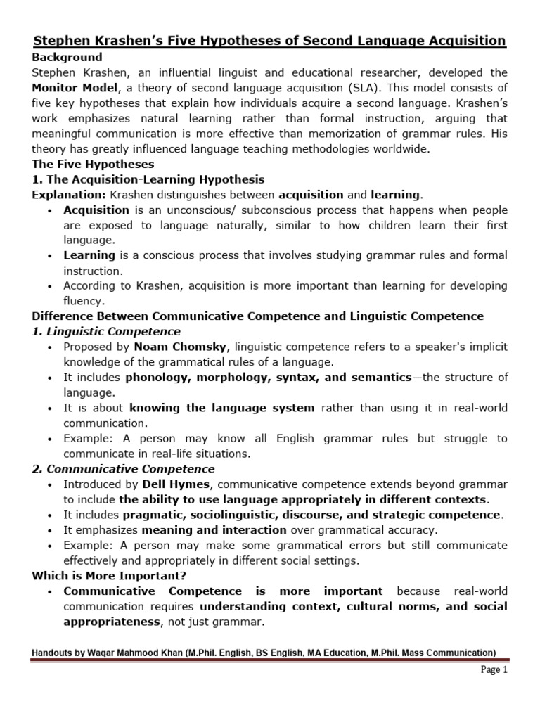 Stephen Krashen’s Five Hypotheses of Second Language Acquisition | PDF | Second Language ...