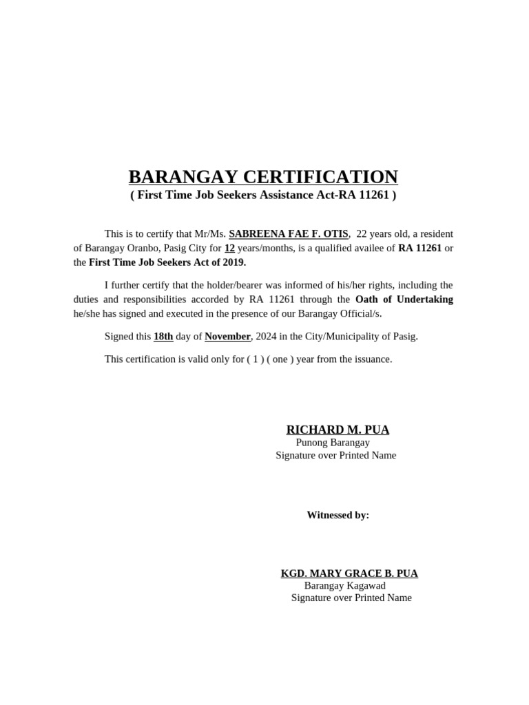 Barangay Certification for Job Seekers | PDF