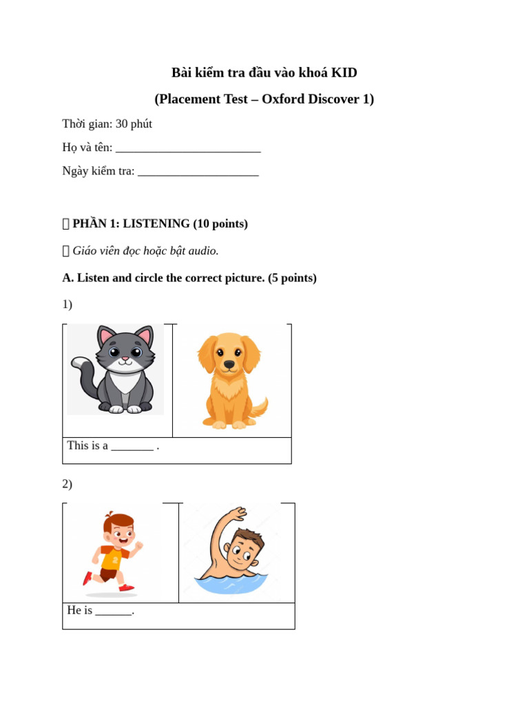 Bài Kiểm Tra Đầu Vào Khoá KID (OD1) | PDF