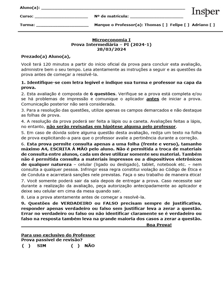 (MICRO1) Prova Intermediária 2024-Gabarito | PDF | Vantagem comparativa | OTAN