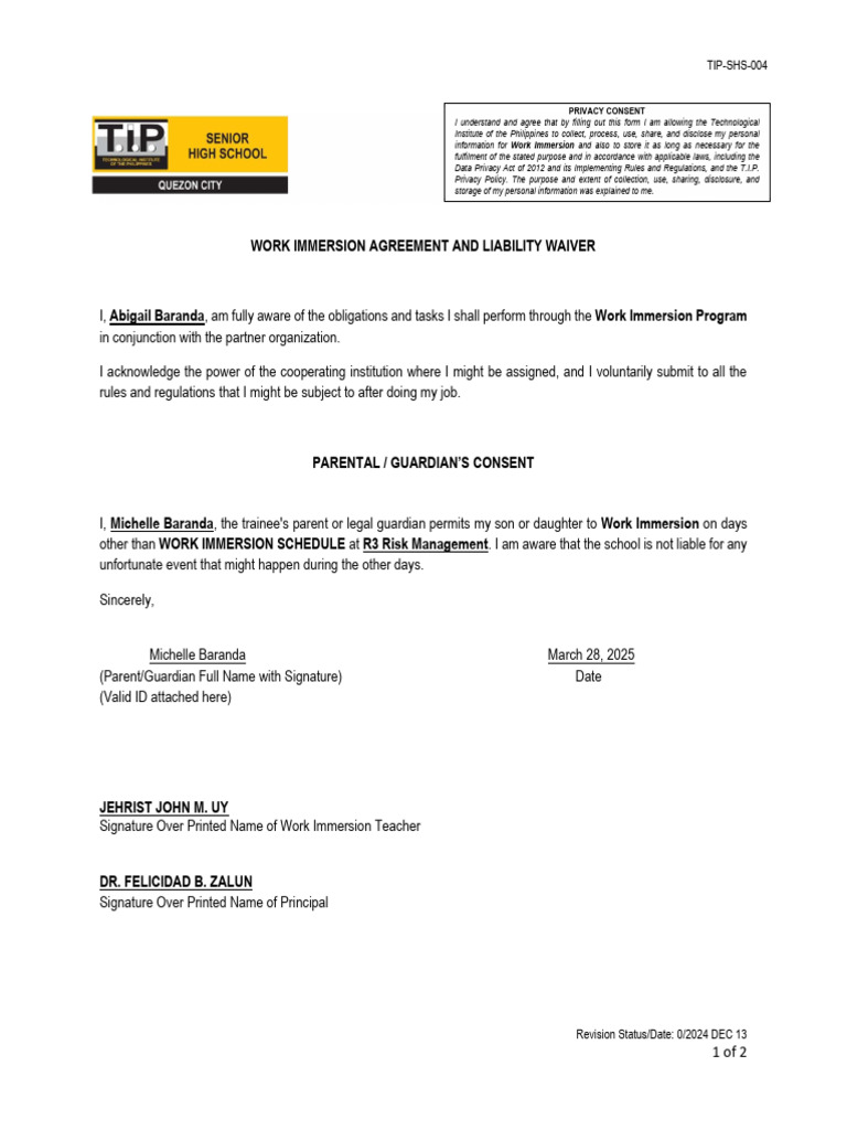 Work Immersion Agreement & Waiver | PDF | Consent | Privacy