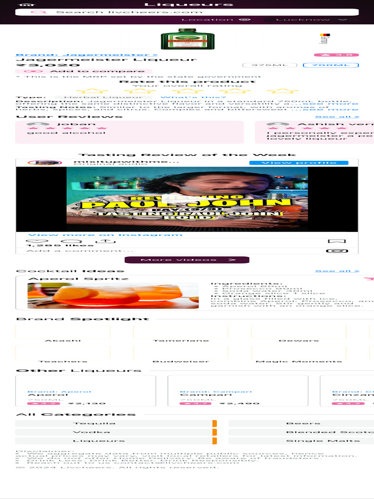 Jagermeister Prices and Reviews in Lucknow | PDF | Cocktails | Drink