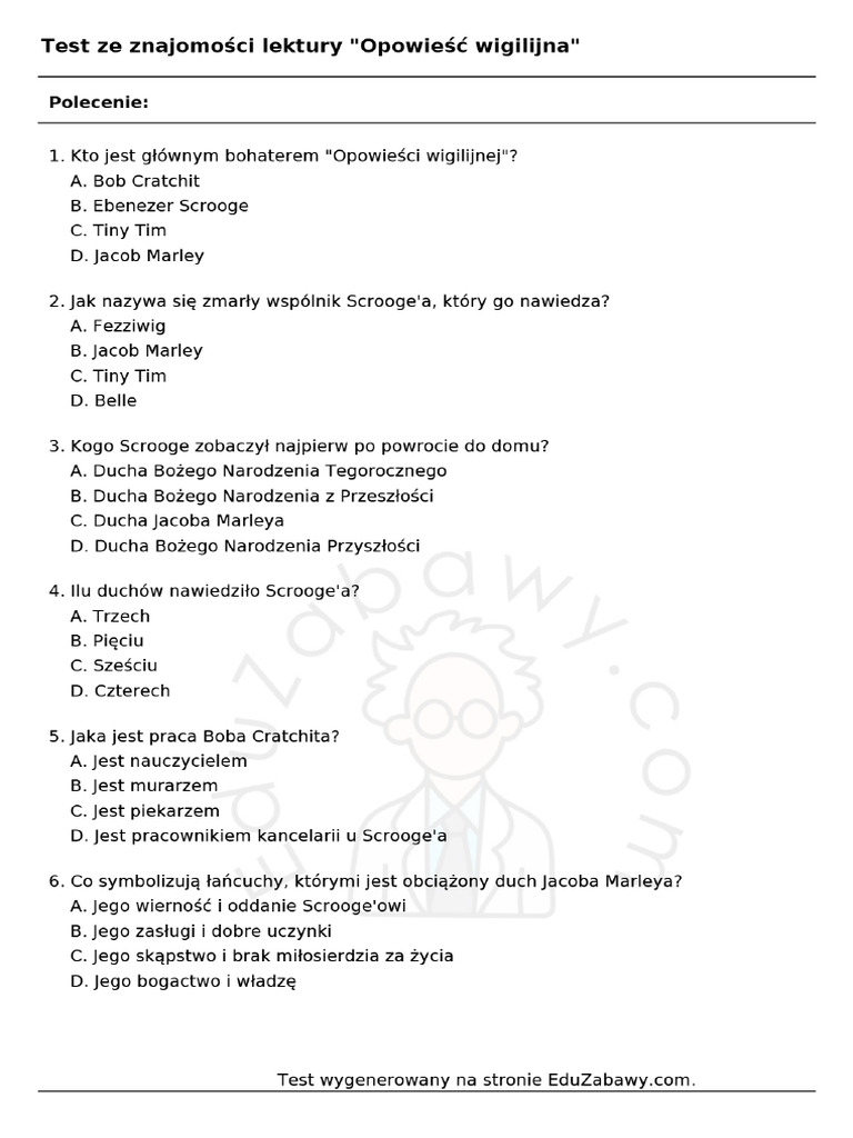 Test Z Lektury - Opowieść Wigilijna - PDF Do Druku Dla Uczniów ...