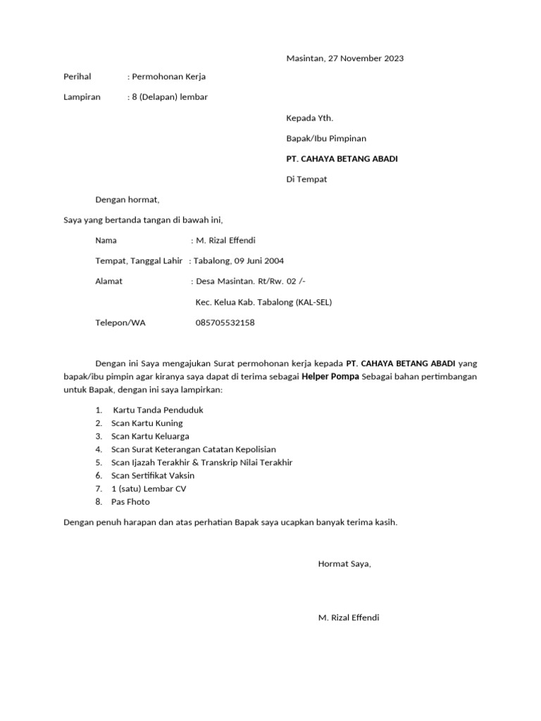 lamaran kerja rijal 2 | PDF