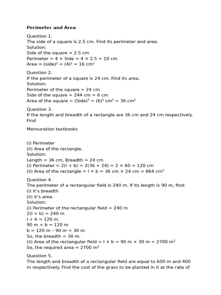 Perimeter and Area - Class 7 | PDF | Area | Length