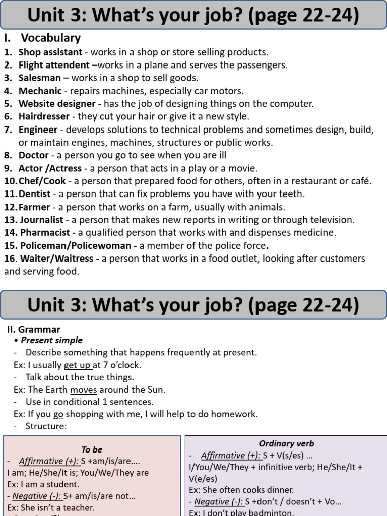 Job Vocabulary and Grammar Guide | PDF | Linguistics | Grammar