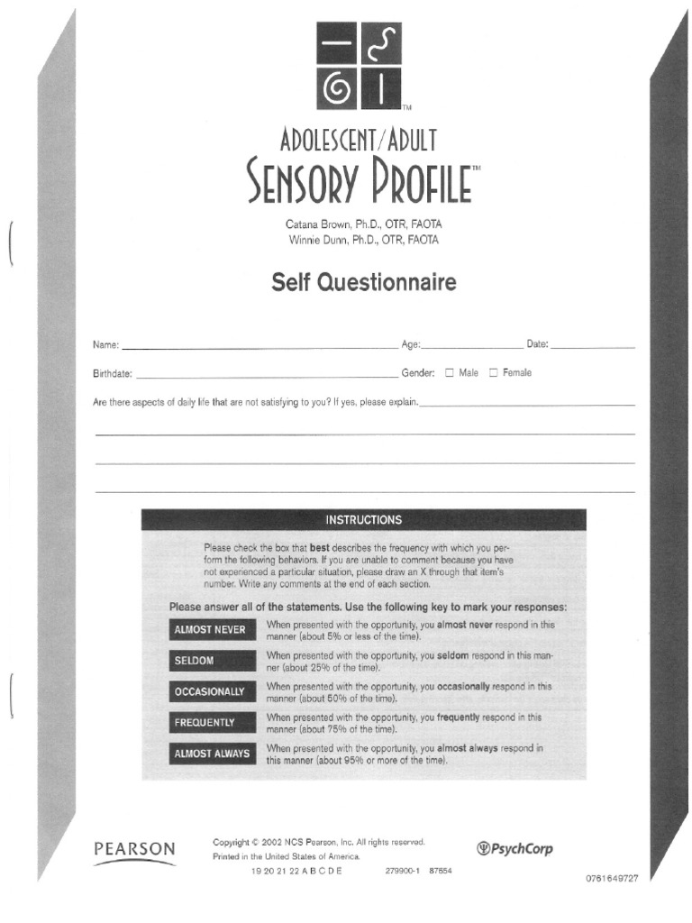 Sensory Profile Adolescent - Adult Self Questionnaire | PDF