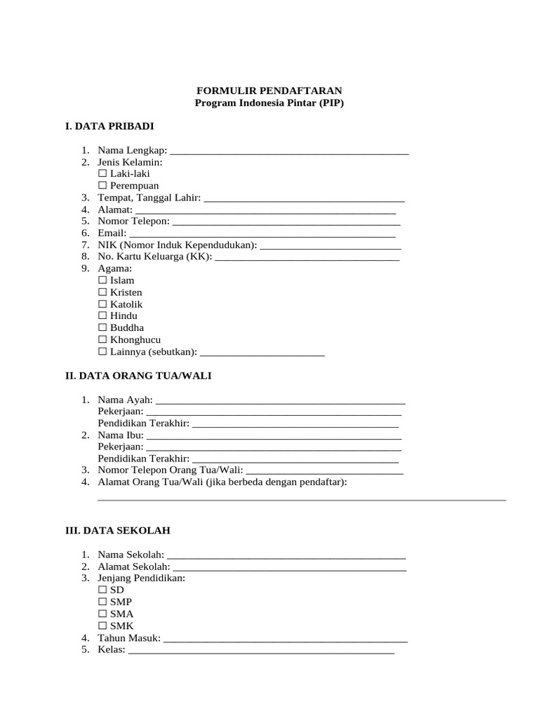Formulir Pendaftaran Pip | PDF