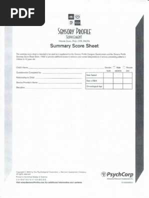 Sensory Profile Caregiver Scoresheet Sensory Assessment Checklist