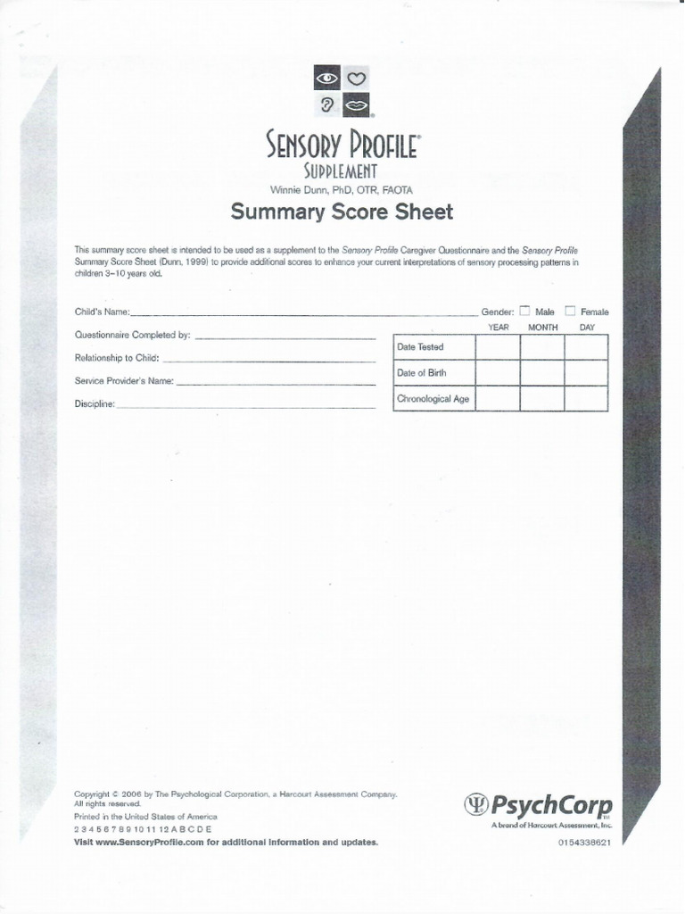 Sensory Profile Caregiver Questionnaire Summary Score Sheet Supplement | PDF