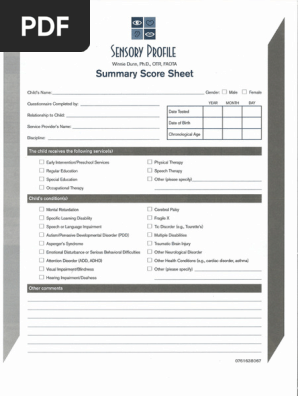 Sensory Profile Summary Score Sheet