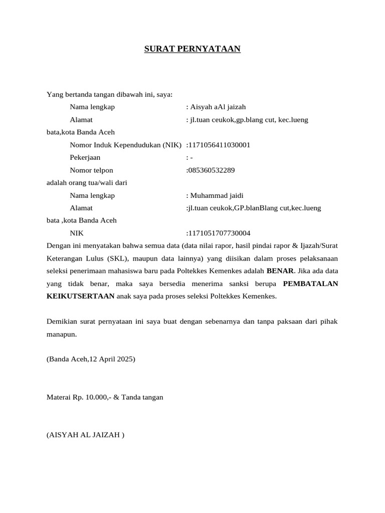 Surat Pernyataan Keabsahan Data Mahasiswa | PDF