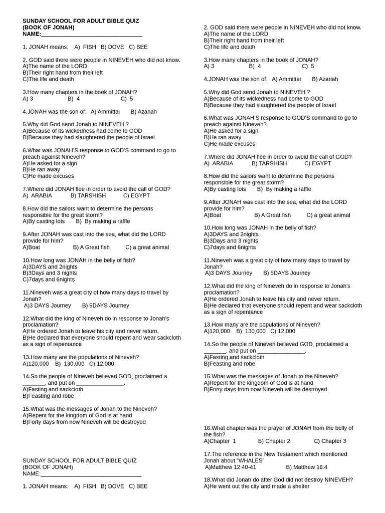 (Book of Jonah) Sunday School For Adult Bible Quiz | PDF | Jonah | Books Of The Hebrew Bible