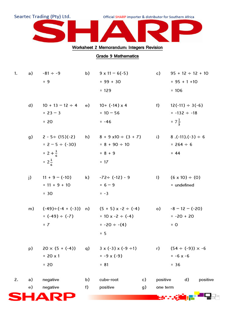 EngGr9 Revision MA Worksheet 2 MEMO Integers | PDF