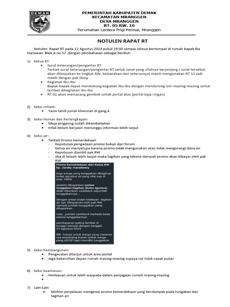 Notulen Rapat RT 05 Agustus 23 | PDF