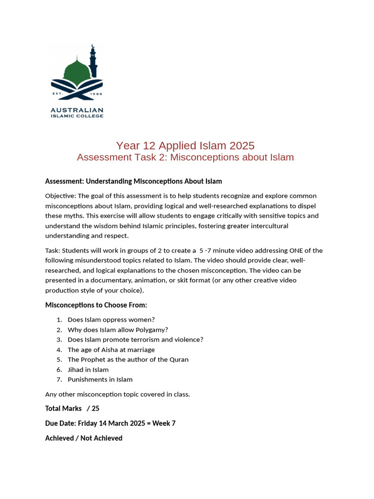 Year 12 Applied Islam 2025 Task 2 Misconceptions | PDF | Quran | Islam