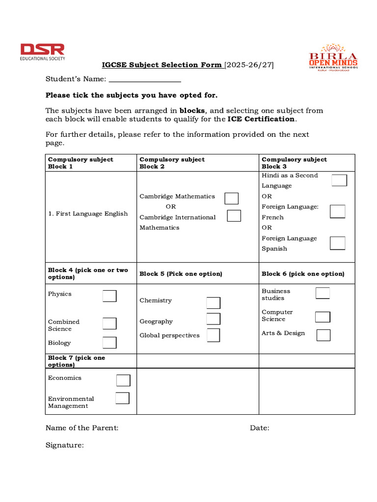 IGCSE Subject Selection Form - BOMIS 2025-26 | PDF | Educational Stages