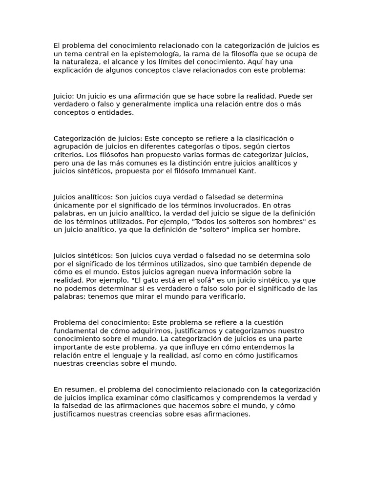 El Problema Del Conocimiento Relacionado Con La Categorización de Juicios Es Un Tema Central en ...