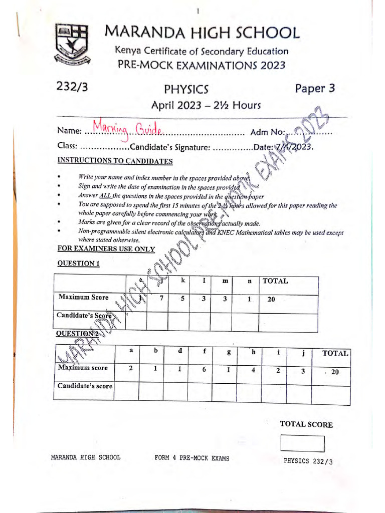 2023 Maranda Pre Mock PHY PP3MS | PDF