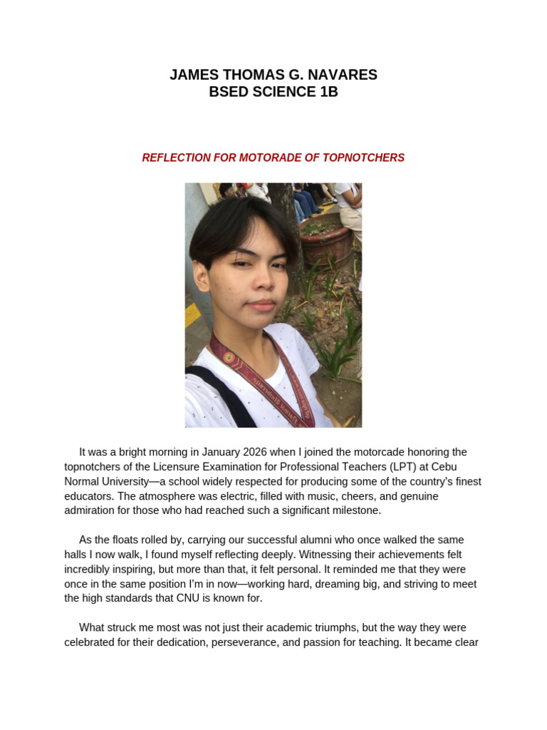 James Thomas G. Navares Bsed Science 1b Reflections | PDF | Learning