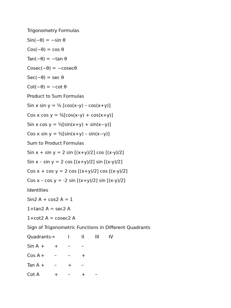 Trigonometric Formulas 11th | PDF