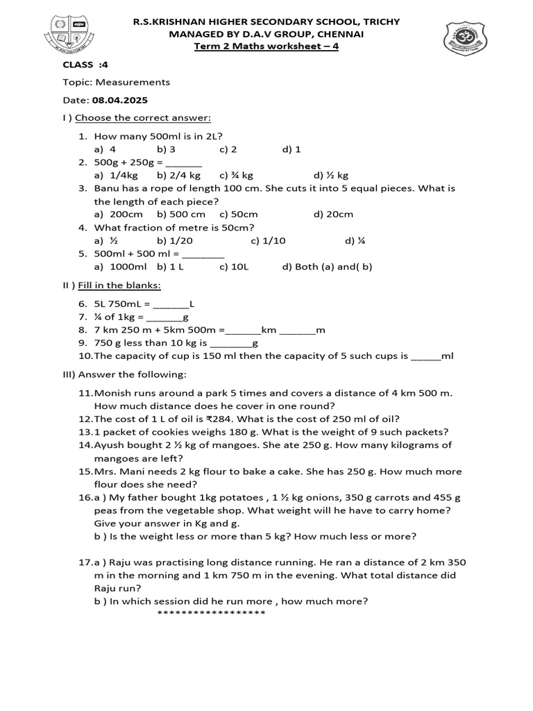 Class 4-Term2 - Maths Worksheet-April08 | PDF