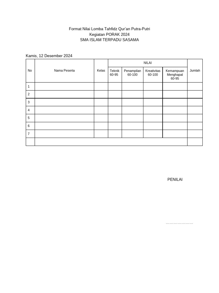 Format Nilai Lomba Tahfidz Qur'an Putra-Putri | PDF