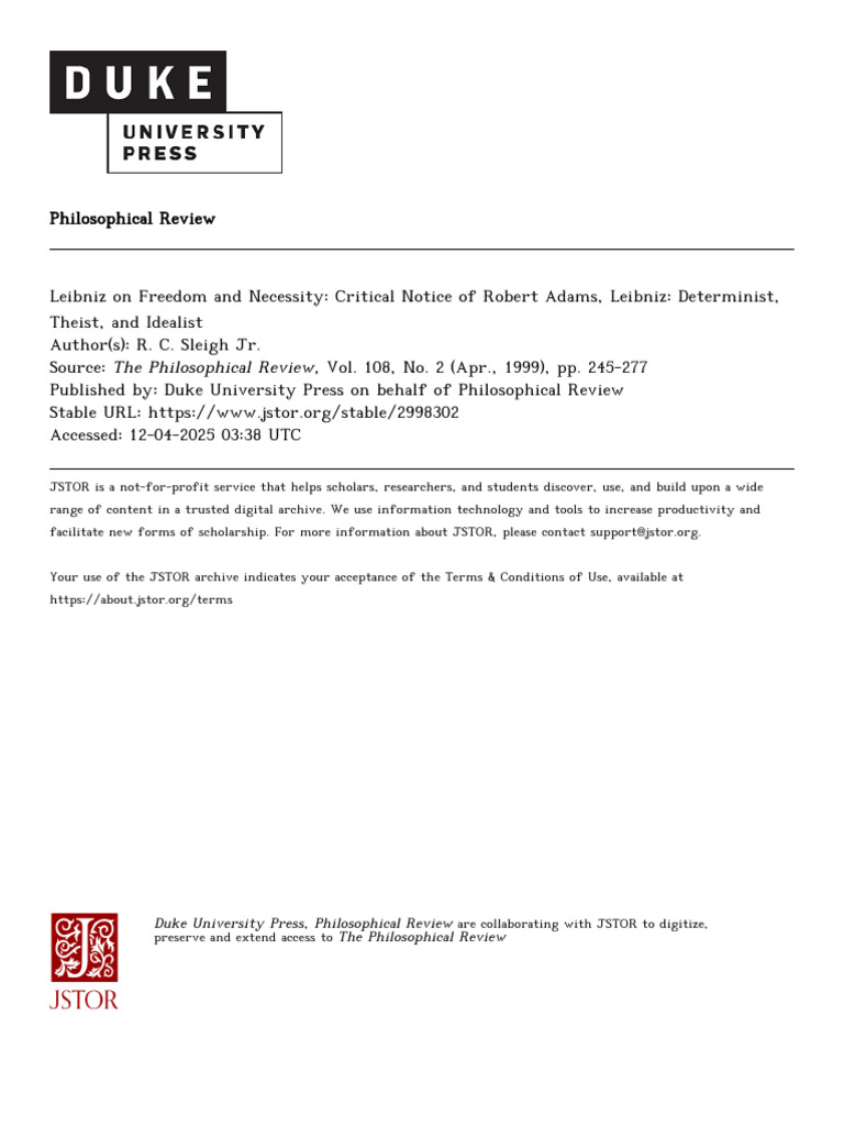 Leibniz On Freedom and Necessity - Critical Notice of Robert Adams, Leibniz - Determinist ...