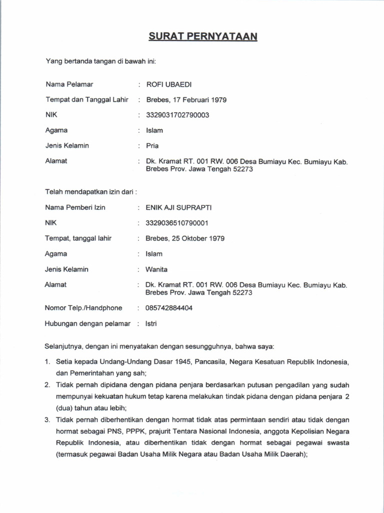 Surat Pernyataan - Rofi Ubaedi | PDF