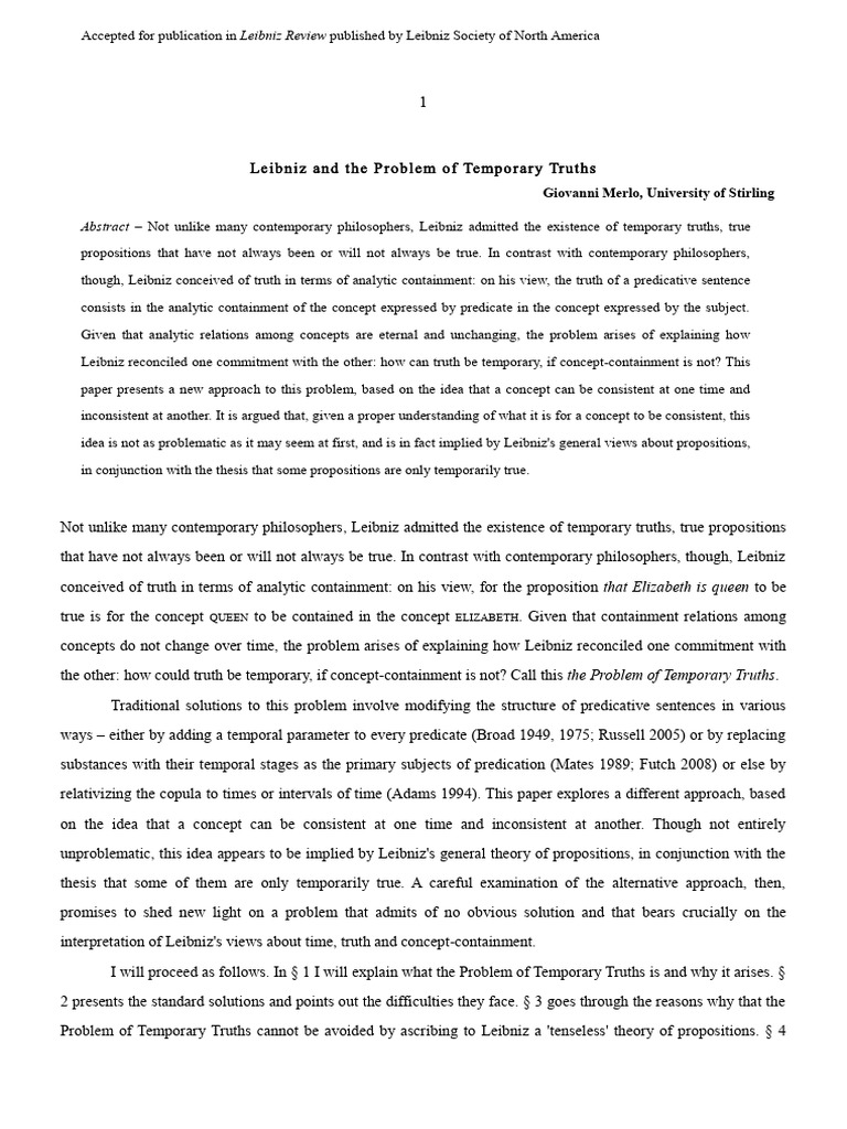 Leibniz's Temporary Truths Explained | PDF | Truth | Proposition