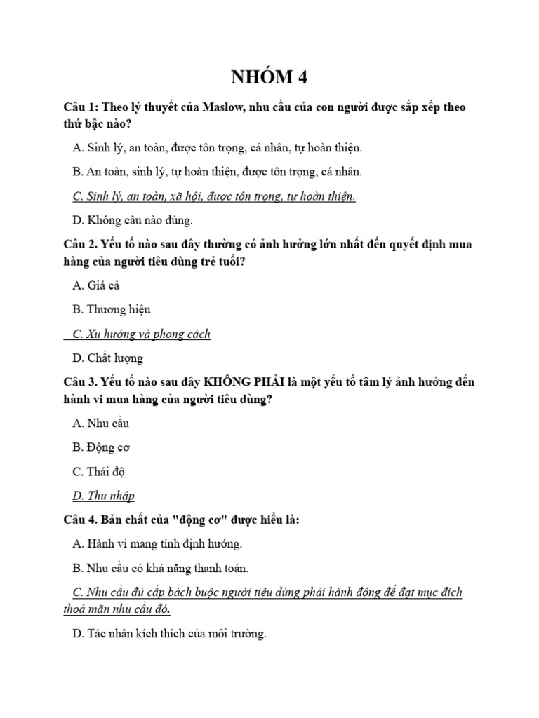 Nhóm 4-câu hỏi trắc nghiệm về hành vi người tiêu dùng | PDF