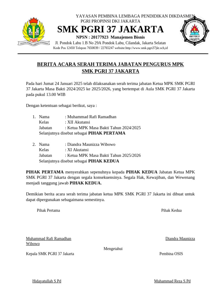 BERITA ACARA SERAH TERIMA JABATAN PENGURUS OSIS | PDF