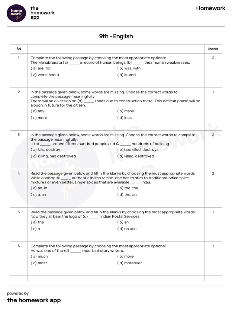 Questions - Homework - 9th - English - 2025-02-26T10 - 18 | PDF ...