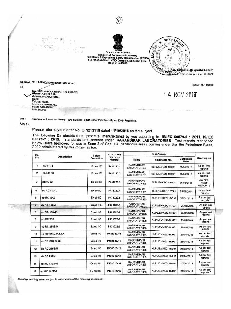PESO Certificate Increased Safety Ebrc | PDF
